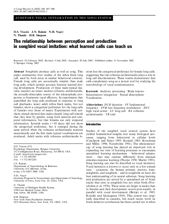 (PDF) The relationship between perception and production in songbird ...