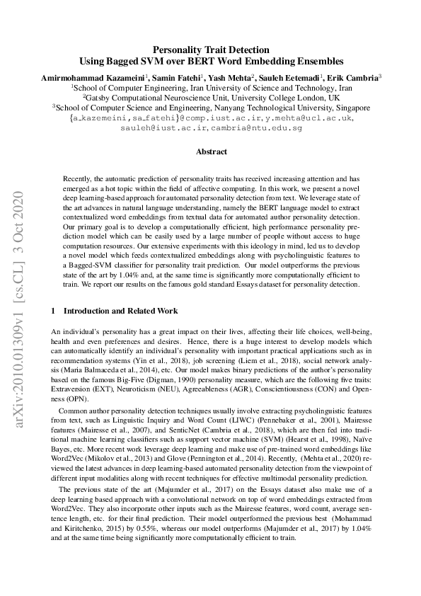 (PDF) Personality Trait Detection Using Bagged SVM over BERT Word Embedding Ensembles