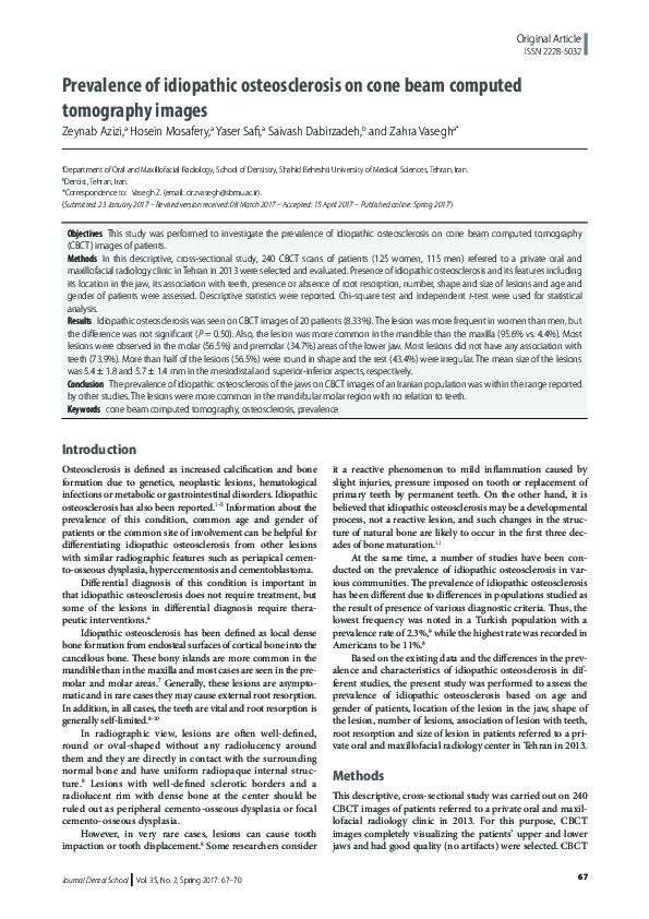 Pdf Prevalence Of Idiopathic Osteosclerosis On Cone Beam Computed Tomography Images Zeynab
