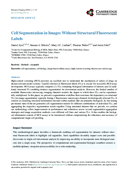 (PDF) Cell Segmentation in Images Without Structural Fluorescent Labels