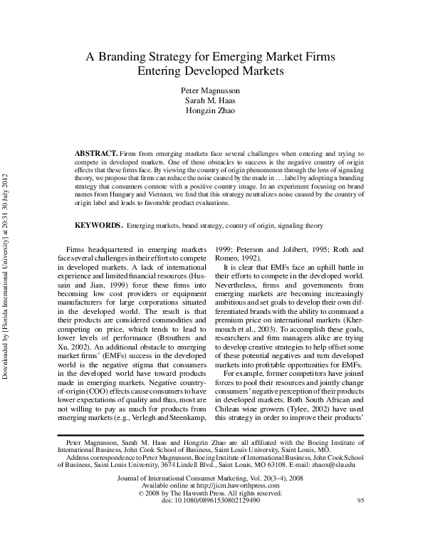 (PDF) A Branding Strategy for Emerging Market Firms Entering Developed ...