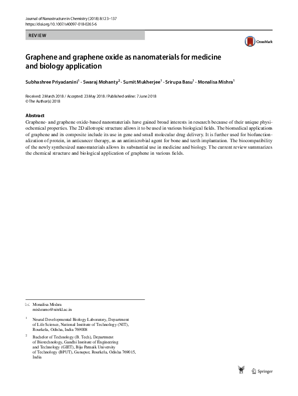 (PDF) Graphene and graphene oxide as nanomaterials for medicine and biology application