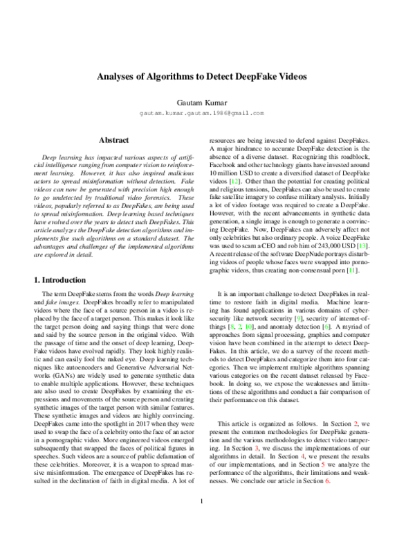 (PDF) Analyses of Algorithms to Detect DeepFake Videos