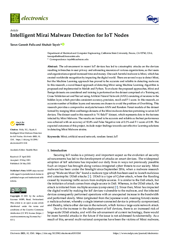 Pdf Intelligent Mirai Malware Detection For Iot Nodes