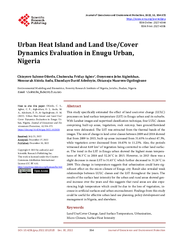 (PDF) Urban Heat Island and Land Use/Cover Dynamics Evaluation in Enugu Urban, Nigeria