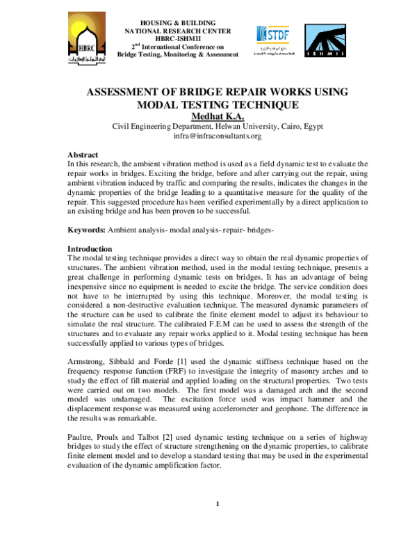 (PDF) ASSESSMENT OF BRIDGE REPAIR WORKS USING MODAL TESTING TECHNIQUE