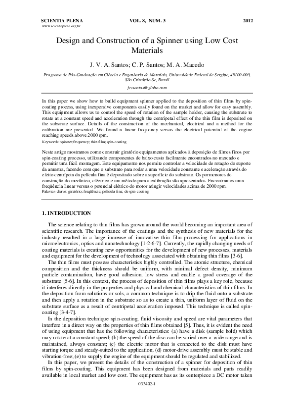 (PDF) Design and Construction of a Spinner using Low Cost Materials