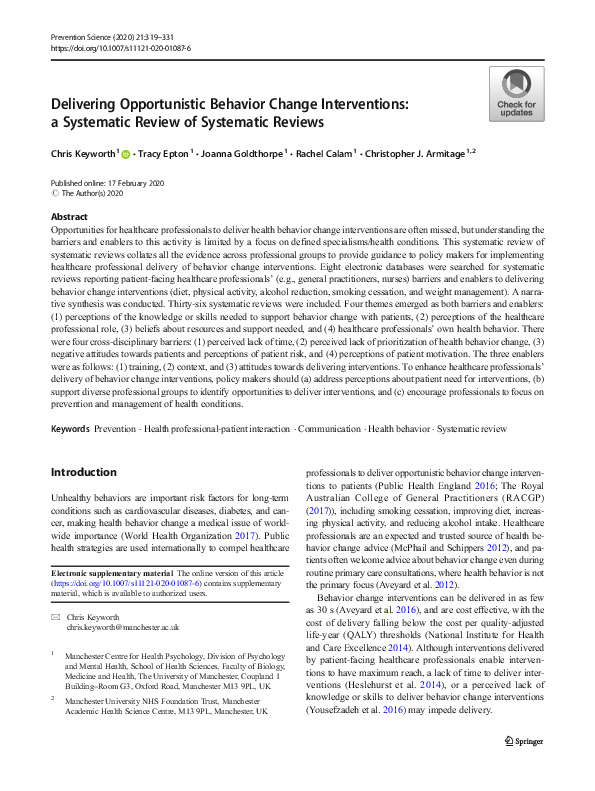 (PDF) Delivering Opportunistic Behavior Change Interventions: a Systematic Review of Systematic ...