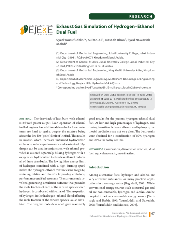 (PDF) Hydrogen-Ethanol Dual Fuel Exhaust Simulation