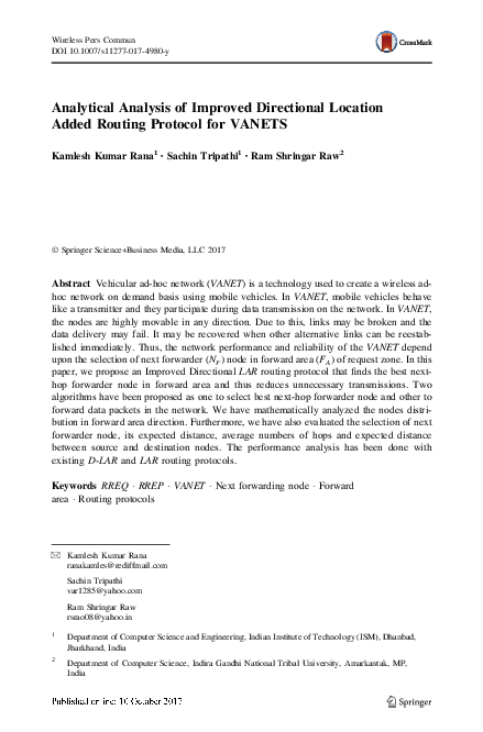 Pdf Analytical Analysis Of Improved Directional Location Added Routing Protocol For Vanets