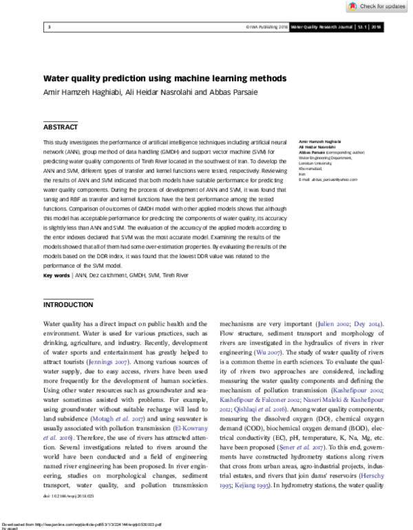 (PDF) Water quality prediction using machine learning methods | amir ...