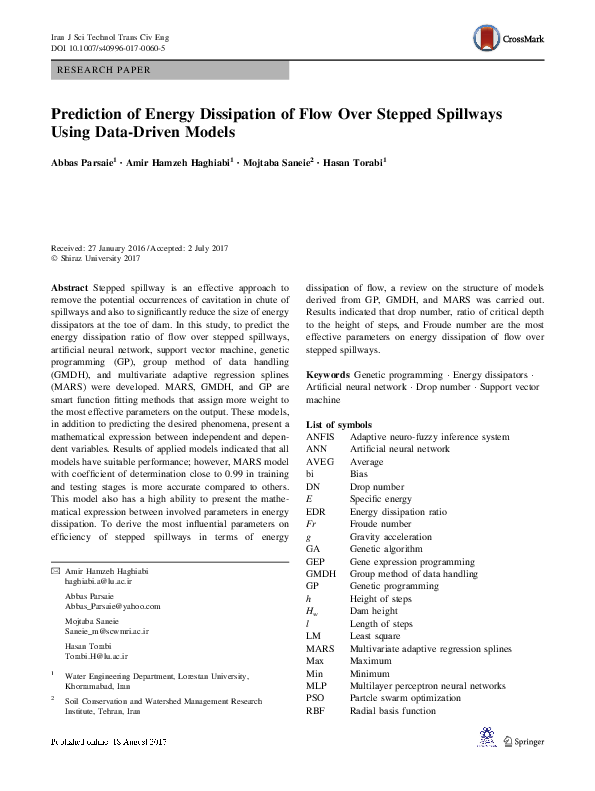 (PDF) Prediction of Energy Dissipation of Flow Over Stepped Spillways Using Data-Driven Models