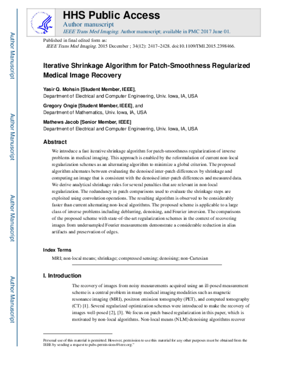 (PDF) Iterative Shrinkage Algorithm for Patch-Smoothness Regularized Medical Image Recovery