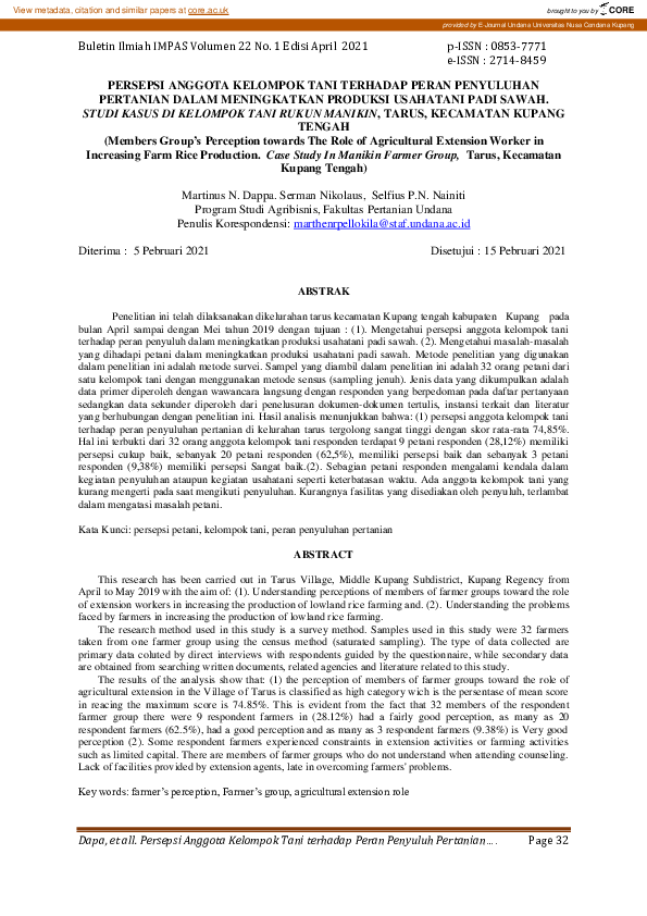 (PDF) Persepsi Anggota Kelompok Tani Terhadap Peran Penyuluhan Pertanian Dalam Meningkatkan ...
