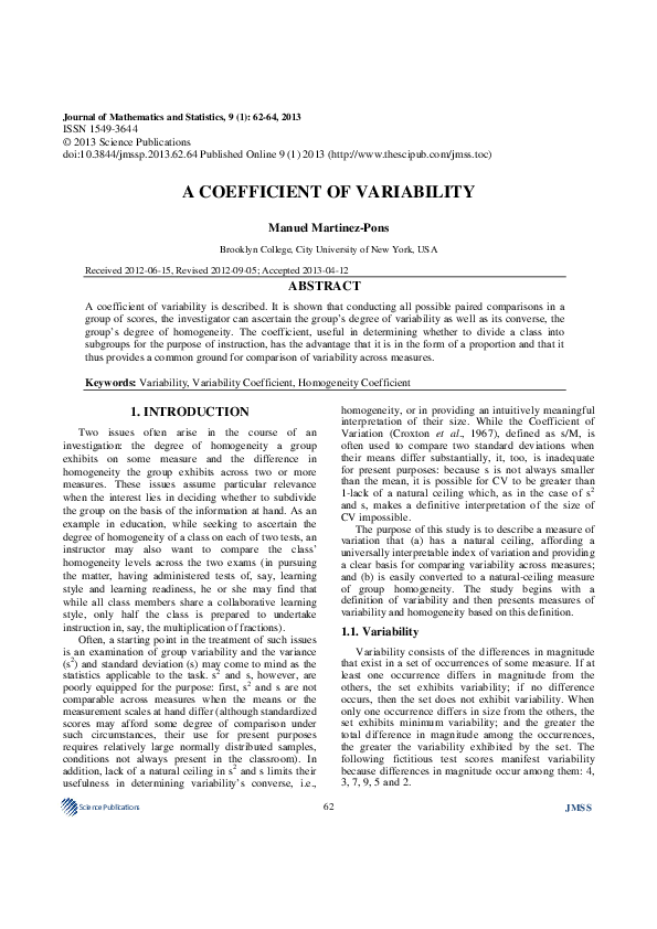 (PDF) A Coefficient of Variability