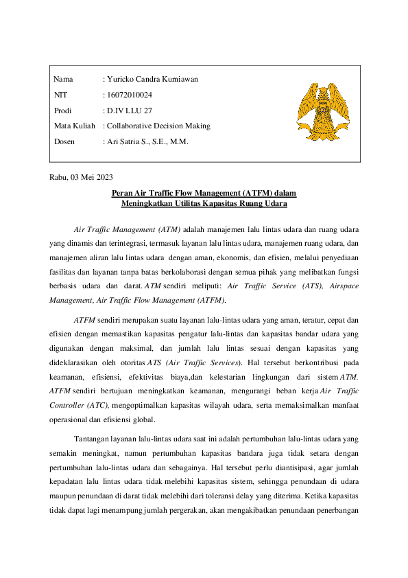 Pdf Peran Air Traffic Flow Management Atfm Dalam Meningkatkan Utilitas Kapasitas Ruang Udara