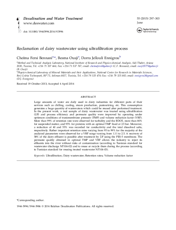 (PDF) Reclamation of dairy wastewater using ultrafiltration process