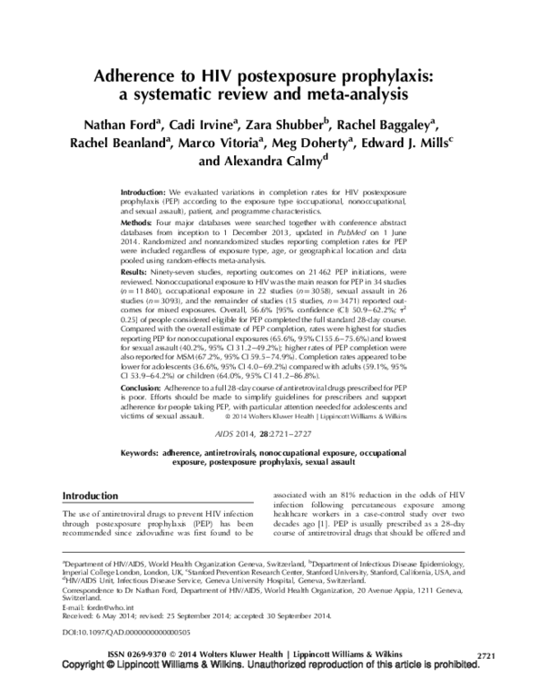 (PDF) Adherence to HIV postexposure prophylaxis