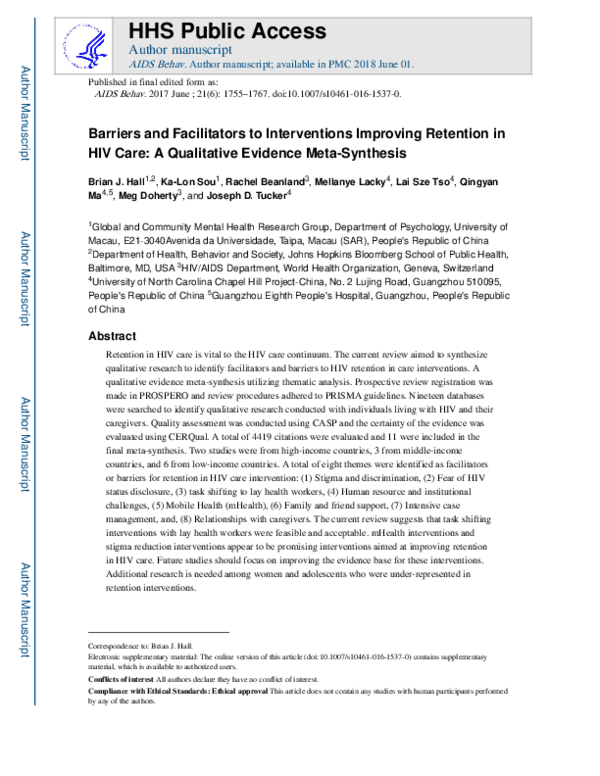 (PDF) Barriers and Facilitators to Interventions Improving Retention in HIV Care: A Qualitative ...