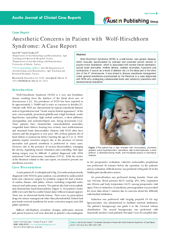 (PDF) Anesthetic Concerns in Patient with Wolf-Hirschhorn Syndrome: A Case Report