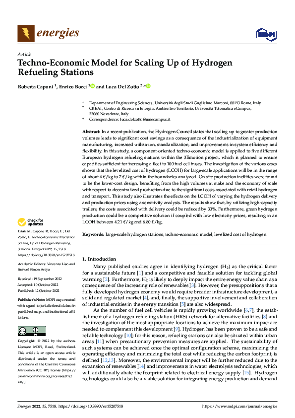 (PDF) Techno-Economic Model for Scaling Up of Hydrogen Refueling Stations