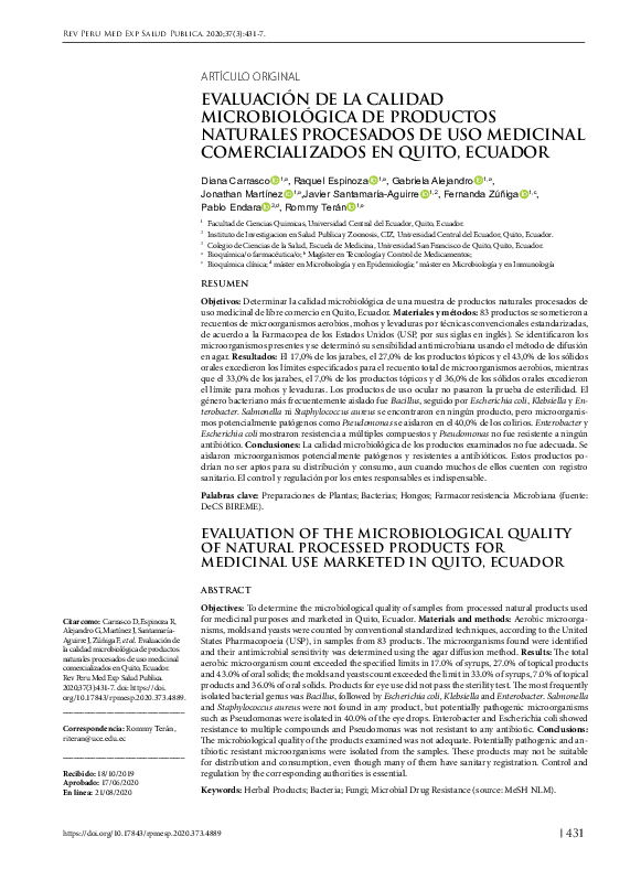 (PDF) Evaluación de la calidad microbiológica de productos naturales procesados de uso medicinal ...