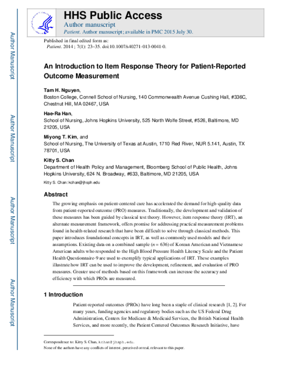 (PDF) An Introduction to Item Response Theory for Patient-Reported Outcome Measurement