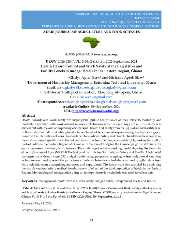 (PDF) Health Hazard Control and Work Safety at the Legislative and ...