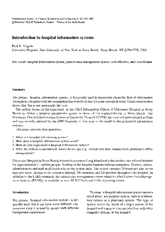 (PDF) Introduction to hospital information systems