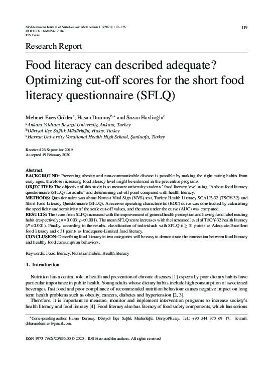 (PDF) Food literacy can described adequate? Optimizing cut-off scores ...