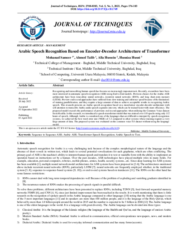 (PDF) Arabic Speech Recognition Based on Encoder-Decoder Architecture of Transformer