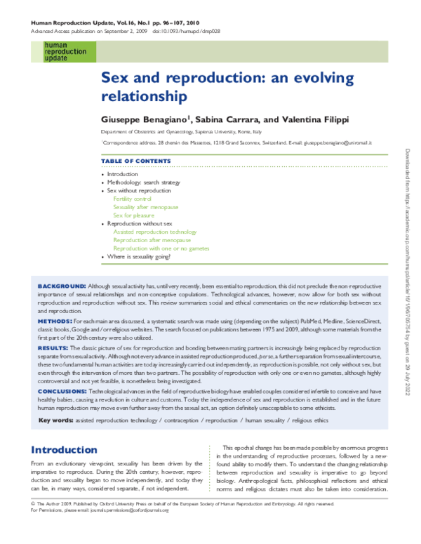 Pdf Sex And Reproduction An Evolving Relationship