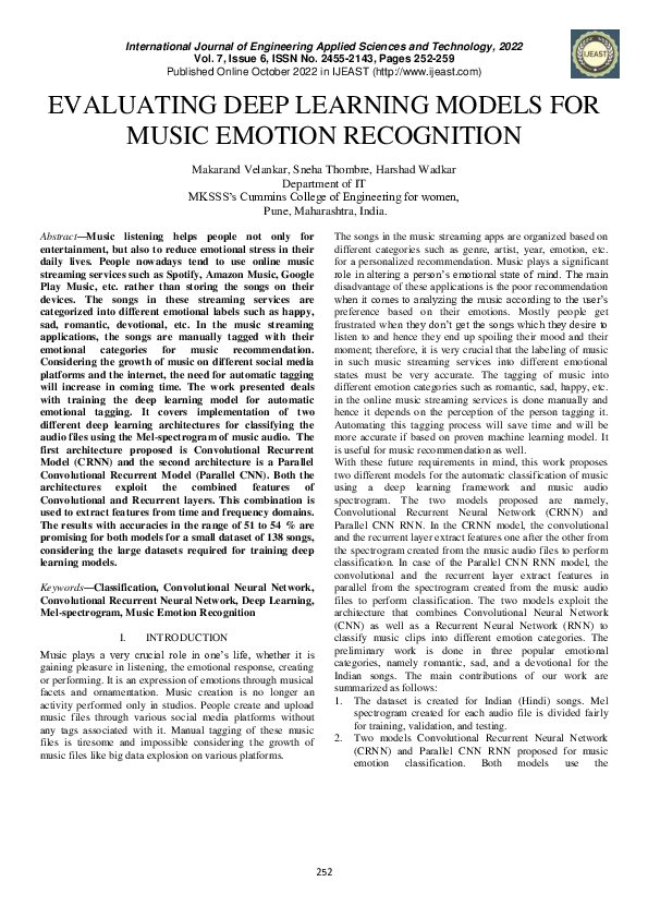 Pdf Evaluating Deep Learning Models For Music Emotion Recognition