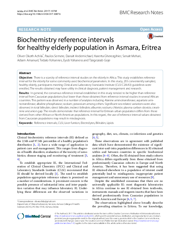 (PDF) Biochemistry reference intervals for healthy elderly population ...