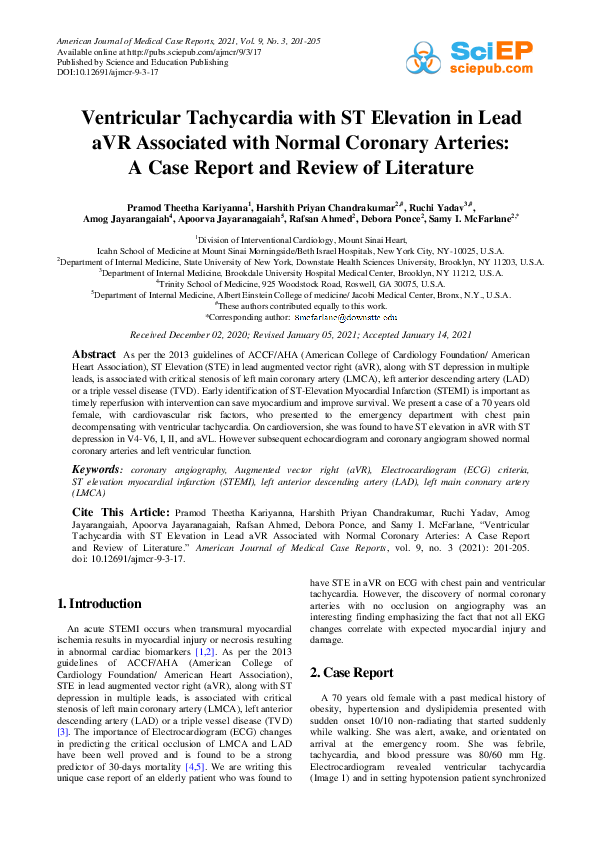 (PDF) Ventricular Tachycardia with ST Elevation in Lead aVR Associated with Normal Coronary ...