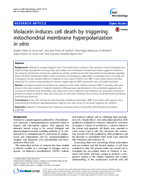 (PDF) Violacein induces cell death by triggering mitochondrial membrane ...