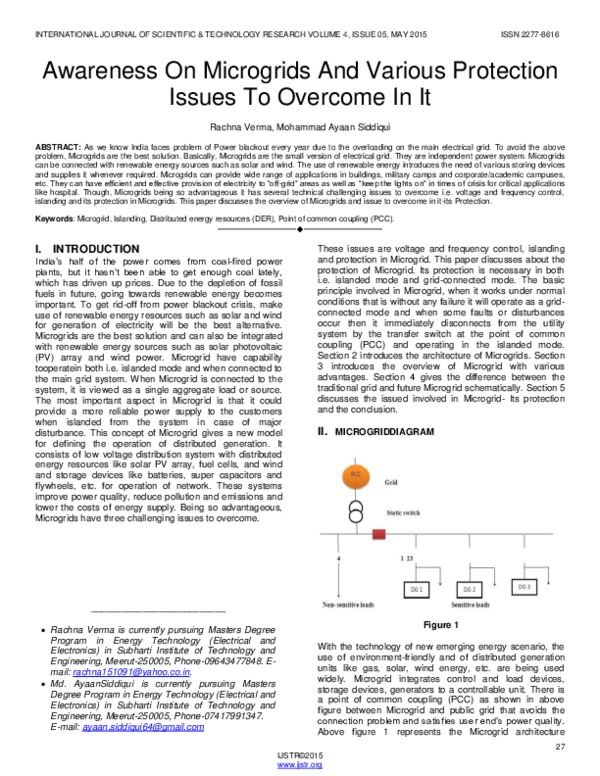 Pdf Awareness On Microgrids And Various Protection Issues To Overcome