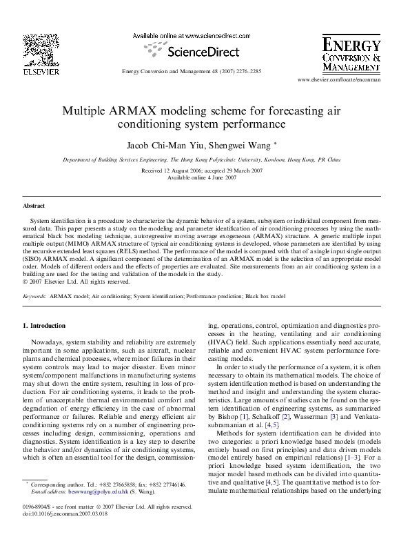 (PDF) Multiple ARMAX modeling scheme for forecasting air conditioning system performance