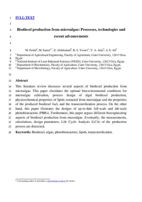 (PDF) Biodiesel production from microalgae: Processes, technologies and recent advancements