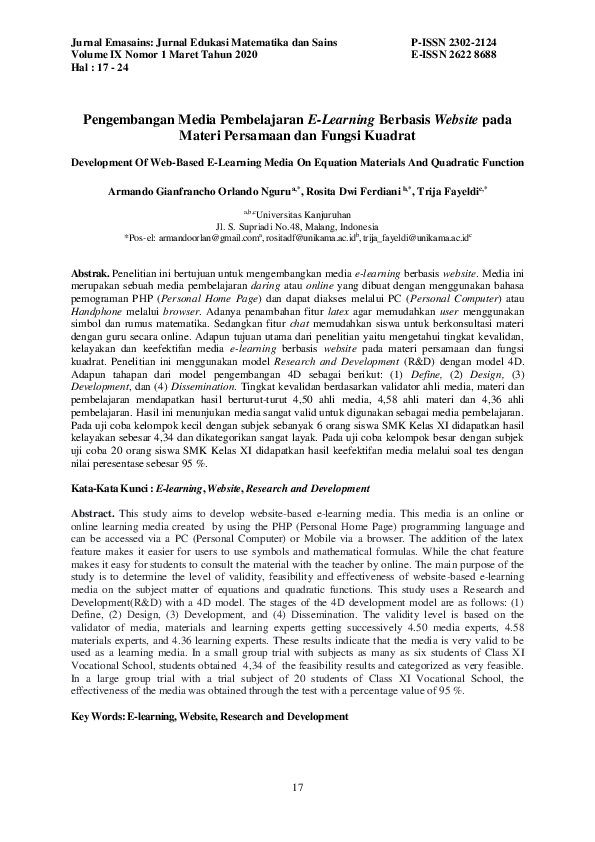 Pdf Development Of Web Based E Learning Media On Equation Materials And Quadratic Function