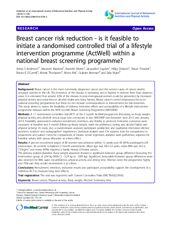 (PDF) Breast cancer risk reduction - is it feasible to initiate a randomised controlled trial of ...