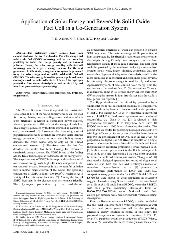 (PDF) Application of Solar Energy and Reversible Solid Oxide Fuel Cell ...
