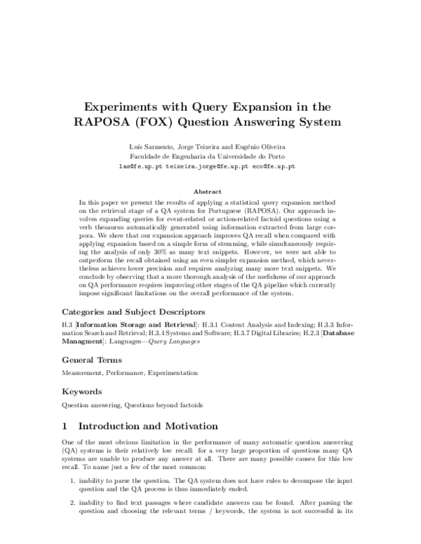 (PDF) Experiments with query expansion in the raposa (fox) question answering system