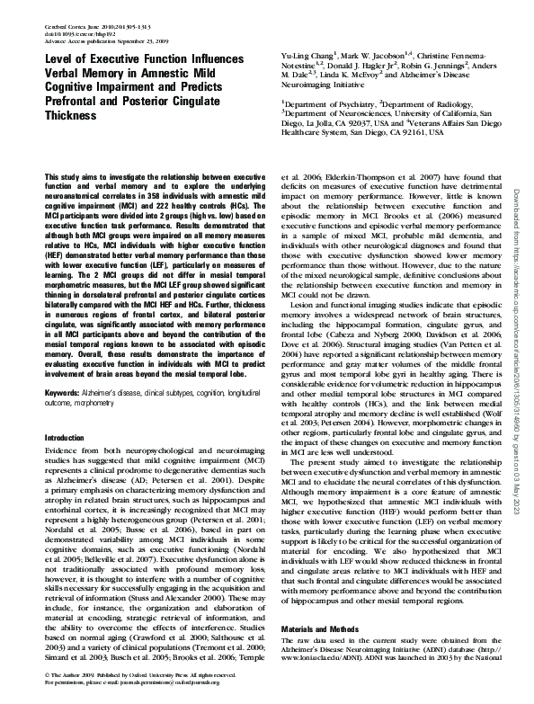 (PDF) Level of Executive Function Influences Verbal Memory in Amnestic Mild Cognitive Impairment ...