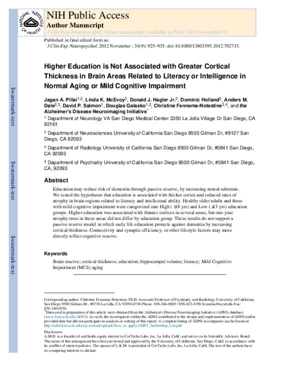 (PDF) Higher education is not associated with greater cortical thickness in brain areas related ...