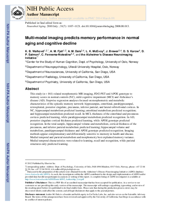 (PDF) Multi-modal imaging predicts memory performance in normal aging and cognitive decline