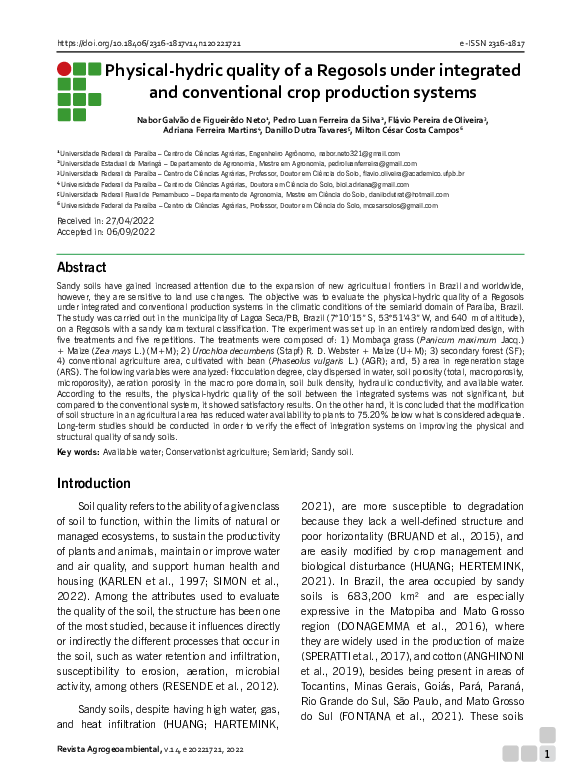 (PDF) Physical-hydric quality of a Regosol under integrated and ...