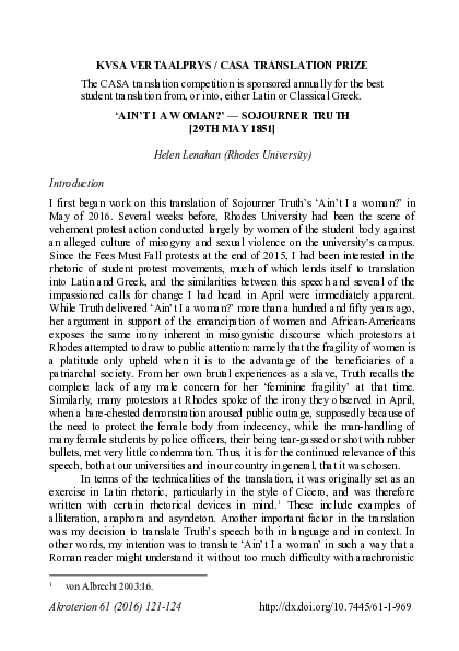 (PDF) Ain't I a Woman?'-Sojourner Truth [29Th May 1851]