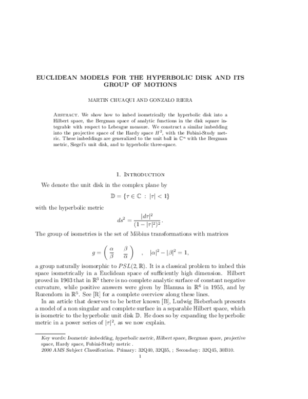 (PDF) Euclidean Models for the Hyperbolic Disk and Its Group of Motions ...