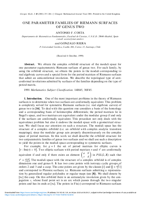 (PDF) One parameter families of Riemann surfaces of genus two